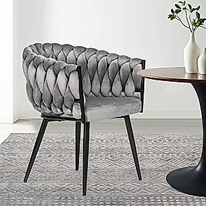 Adeco Velvet Dining Set of 2, Modern Accent Arm Living Room Black Metal Legs, Upholstered Leisure Chair with Hand Woven Backrest for Kitchen Side Table, Grey