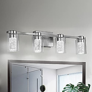 Eatich Bathroom Light Fixtures, Brushed Nickel Vanity Lights with Crystal Bubble Glass, Modern Bathroom Lights Over Mirror with Dimmable LED White/Neutral/Warm, 4-Light
