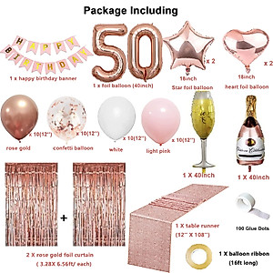 50th Birthday Decorations Women, Rose Gold 50 Birthday Party Decorations for Her, Happy Birthday Banner, Curtains, Table Runner, Balloons Set for Fifty Year Old Party