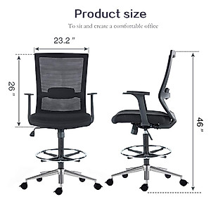 Sunon Office Tall Drafting Chair, Black & Brake Wheels