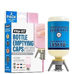Flip-It! 2-Pack Premium Bottle Emptying Kit – No more wasted product - Fits most plastic bottles – Get out every drop of Shampoos, Lotions, & More – 2 Base Caps, 6 Adapters – Pastel Color Edition