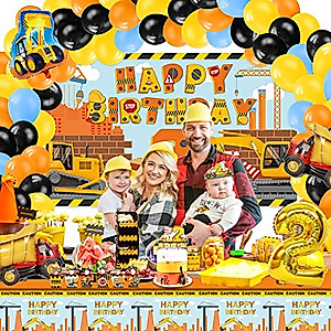 Mpanwen Construction Birthday Party Supplies for 2 Year Old Boy, 139 Pcs Dump Truck Party Decorations for Boys Baby - Backdrop, Balloons, Cupcakes Wrappers, Traffic Signs, Tablecloth, Crown and Poster