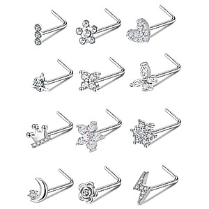 Akeoqi 12Pcs Nose Stud L Shape Nose Rings Cubic Zirconia Butterfly Flower Eye Moon Heart Crown Lightning Piercing Jewelry for Women Men 20G Silver Tone