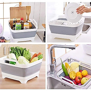 Leemeimei 9L (2.4Gallon) Dish Basin Collapsible with Drain Plug Carry Handles ,Kitchen Storage Tray Dish Wash Basin, Portable Dish Tub, Foldable Dishpan for Camping Portable Dish Washing(Gray)
