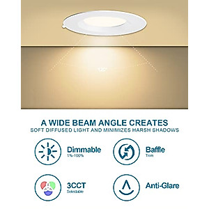 Lightdot 12 Pack 6 Inch LED Recessed with Night Light 1200LM 12W 120V Dimmable LED Downlight Lighting, 3000K/4000K/5000K Selectable Soft Sleep-Helpness LED Canless Lights - IC Rated