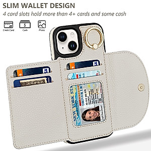 Keallce Case for iPhone 15 Wallet Case, Flip Leather Case with 4 Card Holder, Ring Holder Kickstand Protective Folio Phone Cover for Women Ladies, Beige