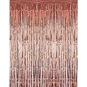 2-Pack 3.2ft x 8.2ft Rose Gold Metallic Tinsel Foil Fringe Curtains for Birthday Wedding Bridal Shower Baby Shower Bachelorette Celebration Party Decorations