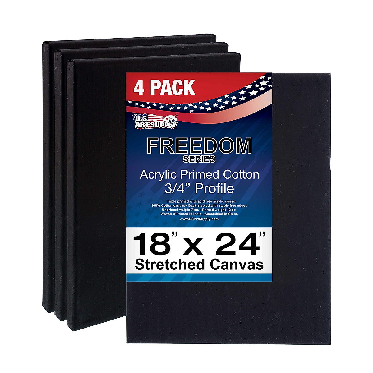 U.S. Art Supply 18 x 24 inch Black Stretched Canvas 12-Ounce Primed, 4-Pack - Professional Artist Quality 3/4" Profile, 100% Cotton, Heavy-Weight, Gesso - Painting, Acrylic Pouring, Oil Paint