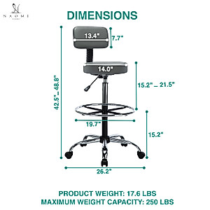 Venus Drafting Stool Chair, Rolling Stools with Wheels, Stools with Backs, Tall Adjustable Office Chair Workbench Stool with Back Support Adjustable Chair Work Stool with Chrome Footrest - Gray
