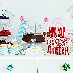 100 Pieces Popcorn Cellophane Bags Carnival Goodie Bags Red and White Stripe Treat Bags with A Roll of Red Ribbon for Chocolate Candy Snacks Cookies Carnival Birthday Party Supplies