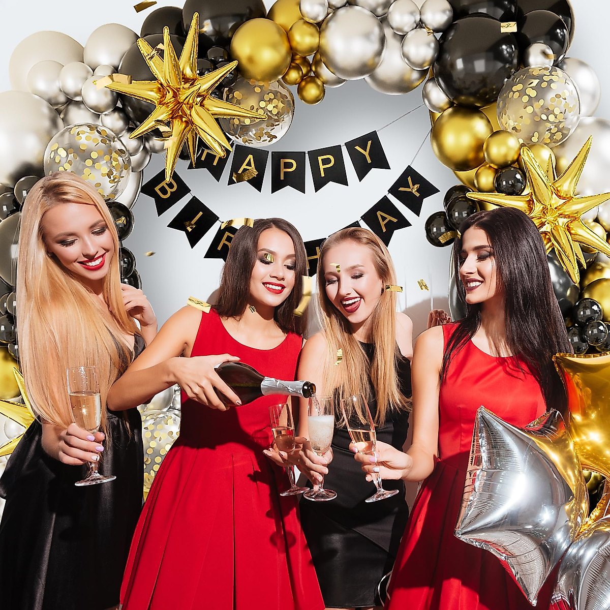 Deiiom Black Gold Balloons Arch Garland Kit-Metallic Silver Balloon Chrome Latex Balloon Gold Explosion Star Foil Balloon 151Pcs for Birthday,Graduation,Gender Reveal,Baby Shower Party Decorations.