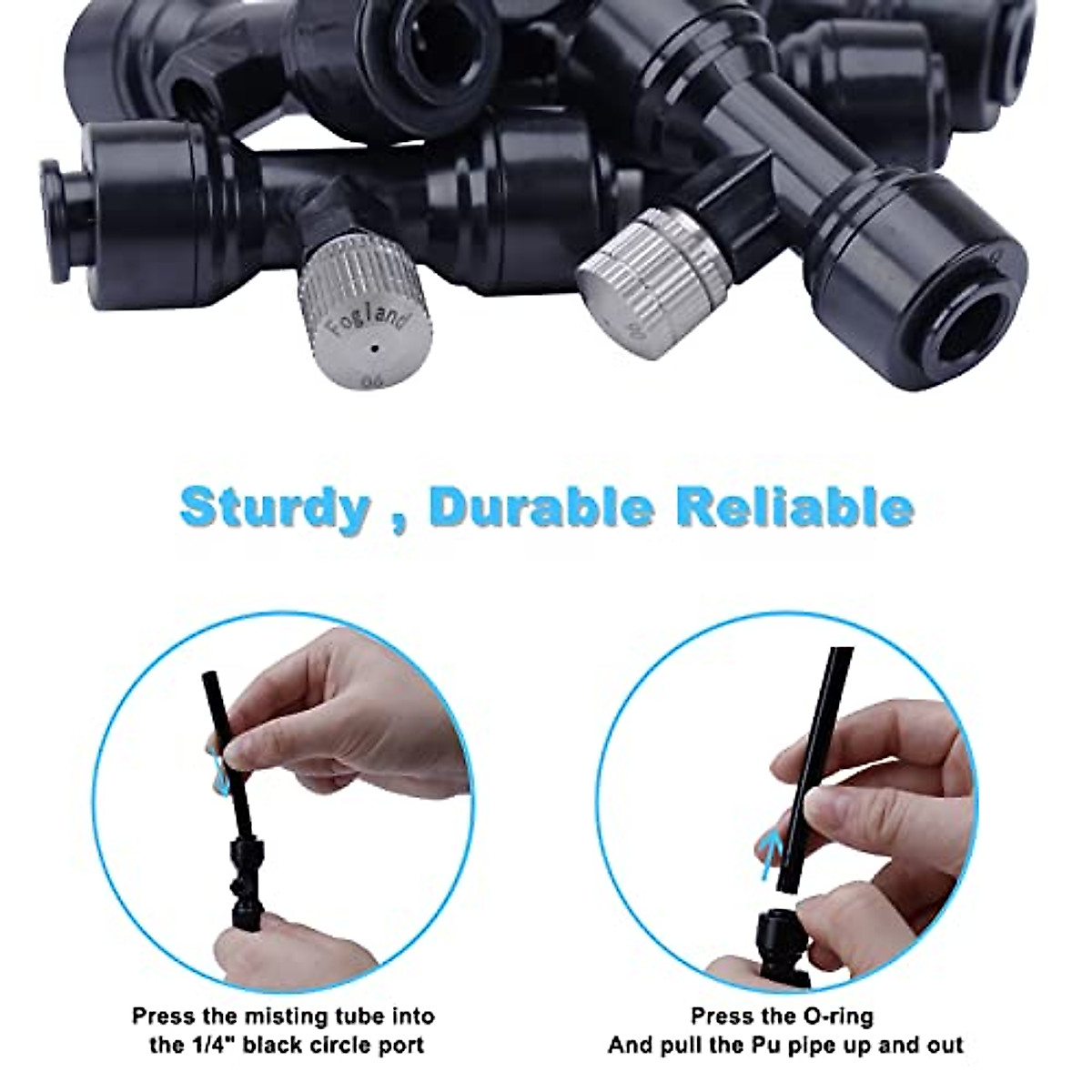 Fogland Leakproof Misting Nozzle Tees:10pcs Anti-blocking Stainless Steel 0.024" Orifice Nozzle for Patio Backyard Misting System Replacement Head with 2pcs End Plug