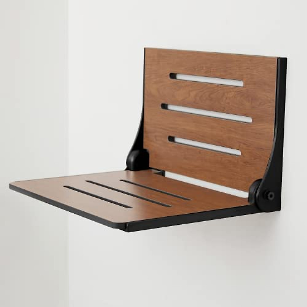 Seachrome Silhouette Folding Wall Mount Shower Bench Seat, Rustic Teak Seat with Matte Black Frame (SHAF-185155-PRTS-S-MB)