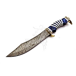 Skokie Knives Custom Hand Made Damascus Steel Hunting Bowie Knife Handle Camel Bone (Blue)