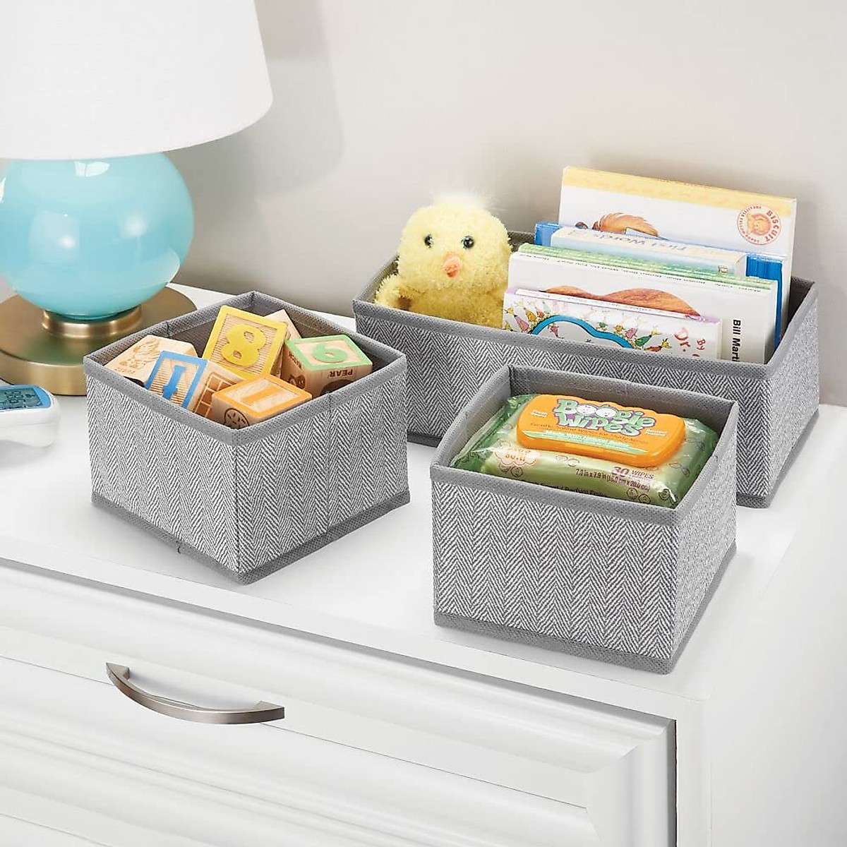 mDesign Fabric Drawer Divider Organizer Bin, Nursery/Bedroom Dresser, Closet, Shelf, Playroom Organization, Hold Clothes, Toys, Diapers, Bibs, Lido Collection, Set of 3, 4 Pack, Gray Herringbone