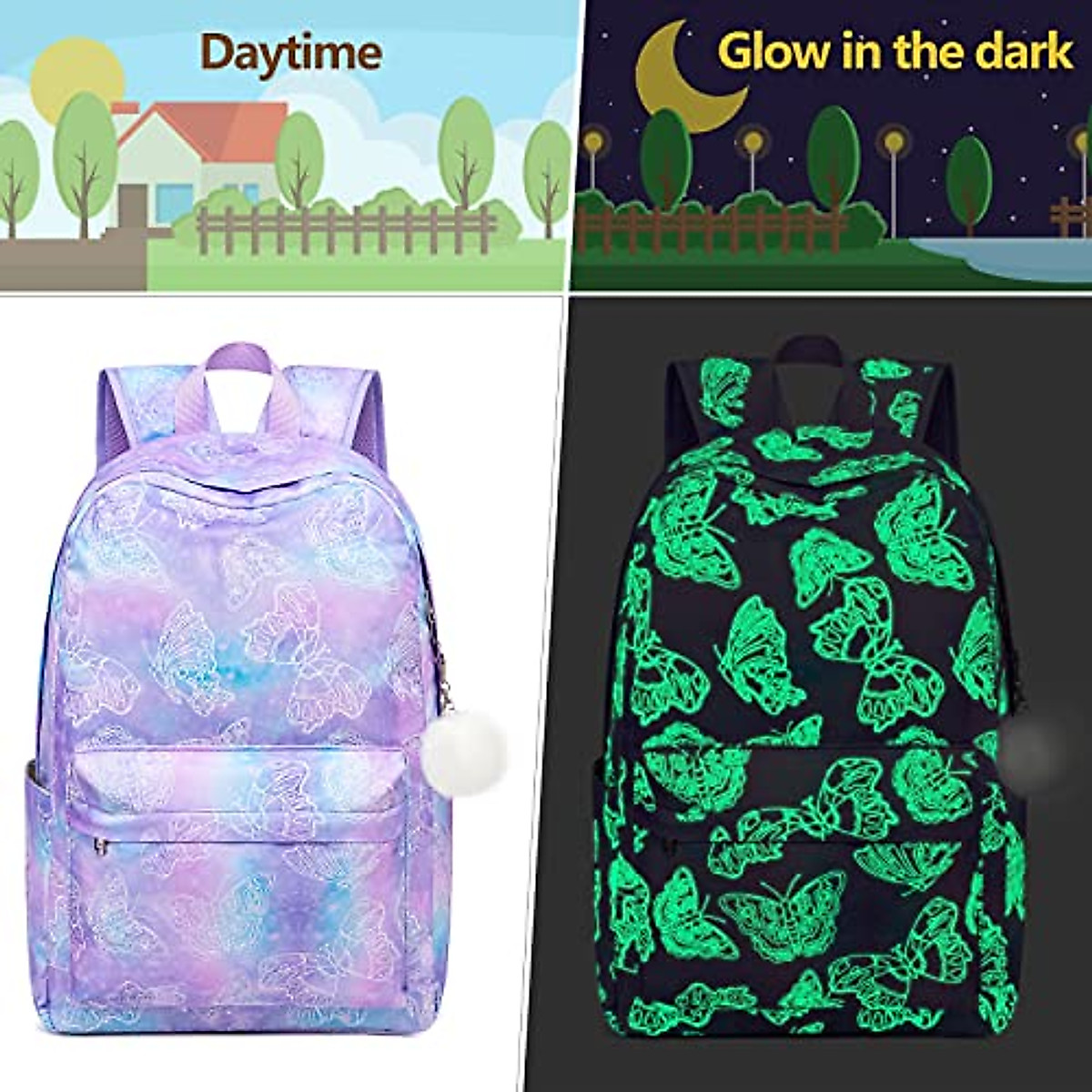 CAMTOP School Backpack for Girls Teens Bookbag Set Kids Backpack 3 In 1,School Bags with Lunch Box Pencil Case for Age 6-14 (Butterfly-Luminous)