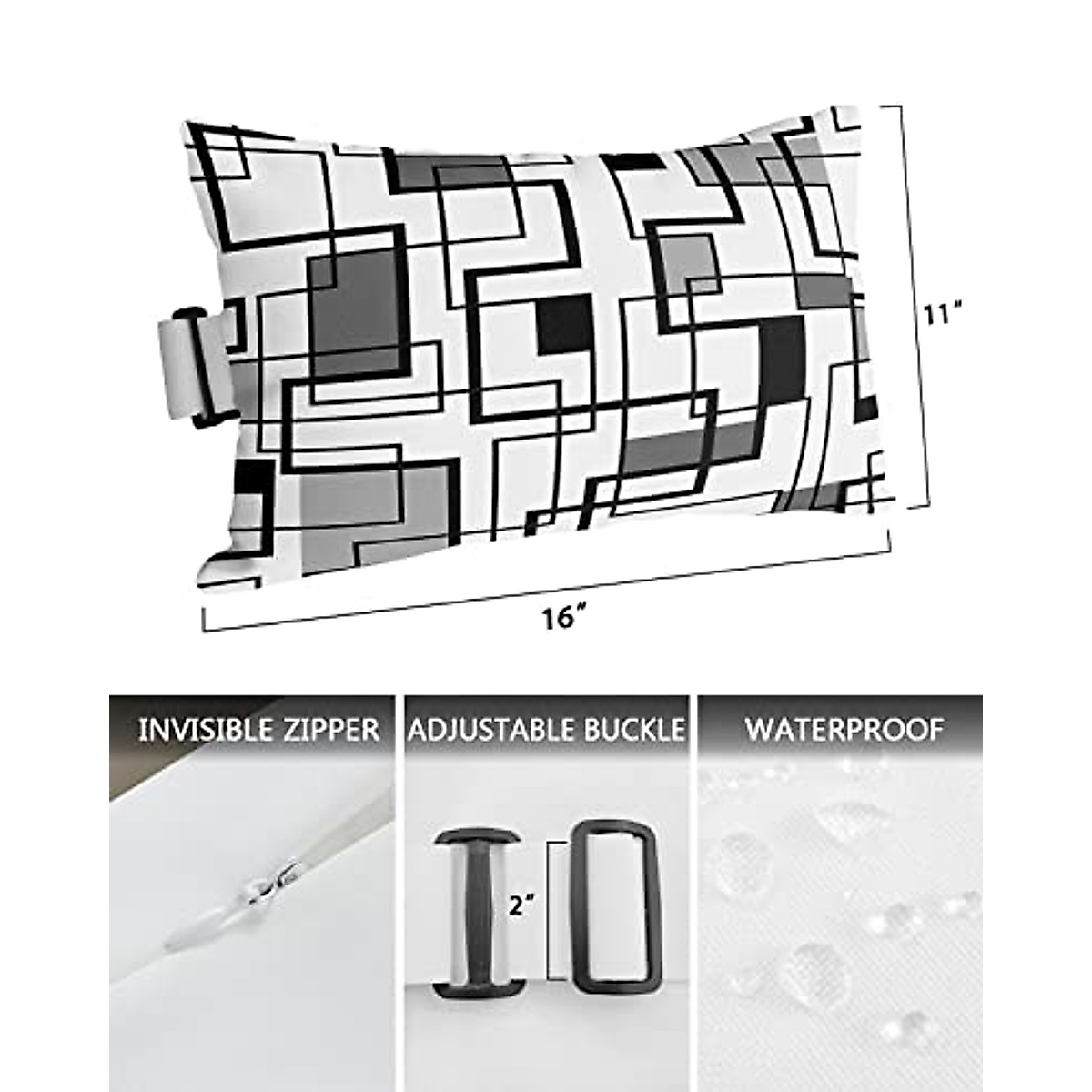 Recliner Head Pillow Ledge Loungers Chair Pillows with Insert Modern Abstract Art Black Grey Geometry Line Lumbar Pillow with Adjustable Strap Outdoor Waterproof Patio Pillows for Beach Pool, 2 PCS