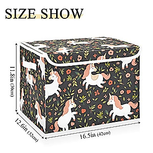 SUABO Cute White Unicorns Flowers Storage Bin with Lid Large Oxford Cloth Storage Boxes Foldable Home Cube Baskets Closet Organizers for Nursery Bedroom Office