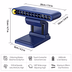 PALIFEL Portable Mini Desk Fan, Touch Control Table Fan, Quiet Cool & Air Circulating Monitor Clip on Fan for Office, 2400mAh Rechargeable Battery Operated Personal USB Small Fans for Home & Outdoor