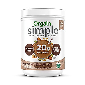 Orgain Simple Organic Vegan Protein Powder, Chocolate - 20g of Plant Based, Made with Fewer Ingredients and Without Dairy, Gluten and Stevia, Kosher, Non-GMO, 1.25 Lb (Packaging May Vary)
