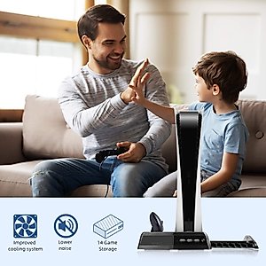 Yerliker Multi-Function Vertical Stand with Cooling Fan Compatible with PS5 Console and PS5 Digital Edition, with Game Holder Dual Controller Charger 3-Ports USB Hub and 14 Game Card Slot Organizers [video game]