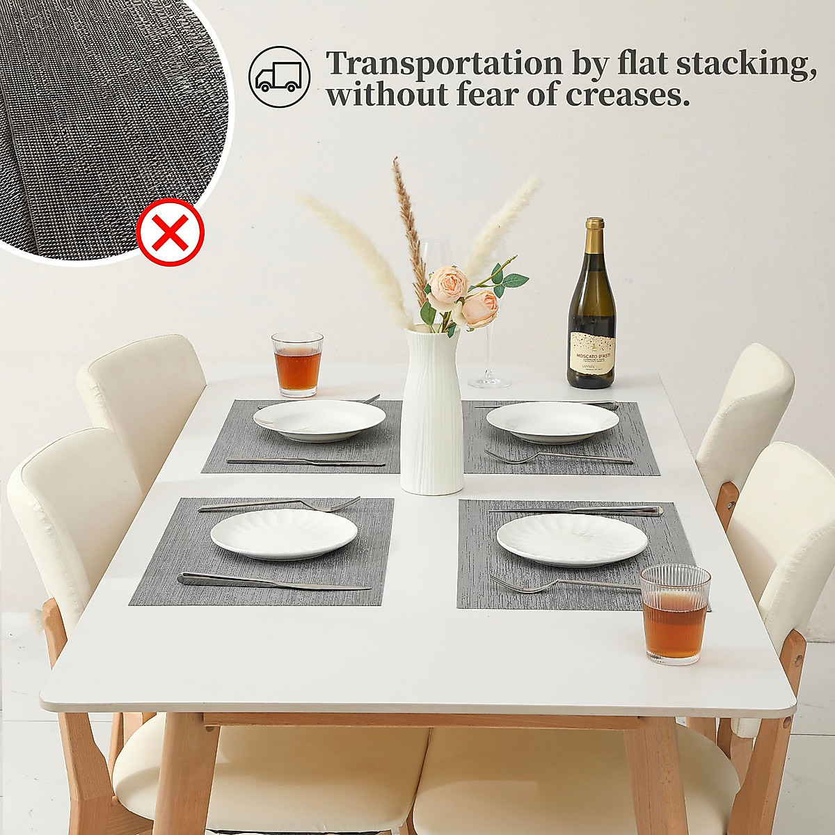 Leetaltree Grey Placemats, Heat Resistant Non-Slip Place mats for Dining Table, Washable Durable PVC Vinyl Woven Table Mats (Set of 4)