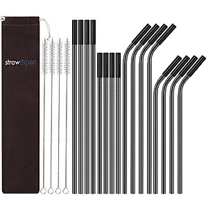 StrawExpert 16 Pack Black Reusable Metal Straws with Black Silicone Tip & Travel Case & Cleaning Brush,Long Stainless Steel Straws Drinking Straw for 20 and 30 oz Tumbler