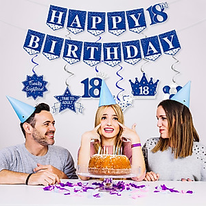 PRE-STRUNG 18th Birthday Decorations, Happy 18th Birthday Banner Sign Hanging Swirls Honeycomb Centerpieces Set for Boy Men Blue, 18 Year Old Birthday Party Backdrop Decor Supplies, PHXEY