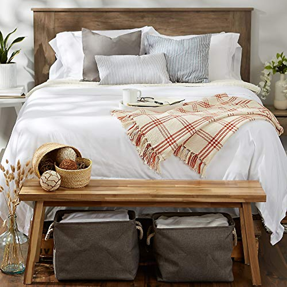 DII Modern Farmhouse Plaid Collection Cotton Fringe Throw Blanket, 50x60, White/Vintage Red