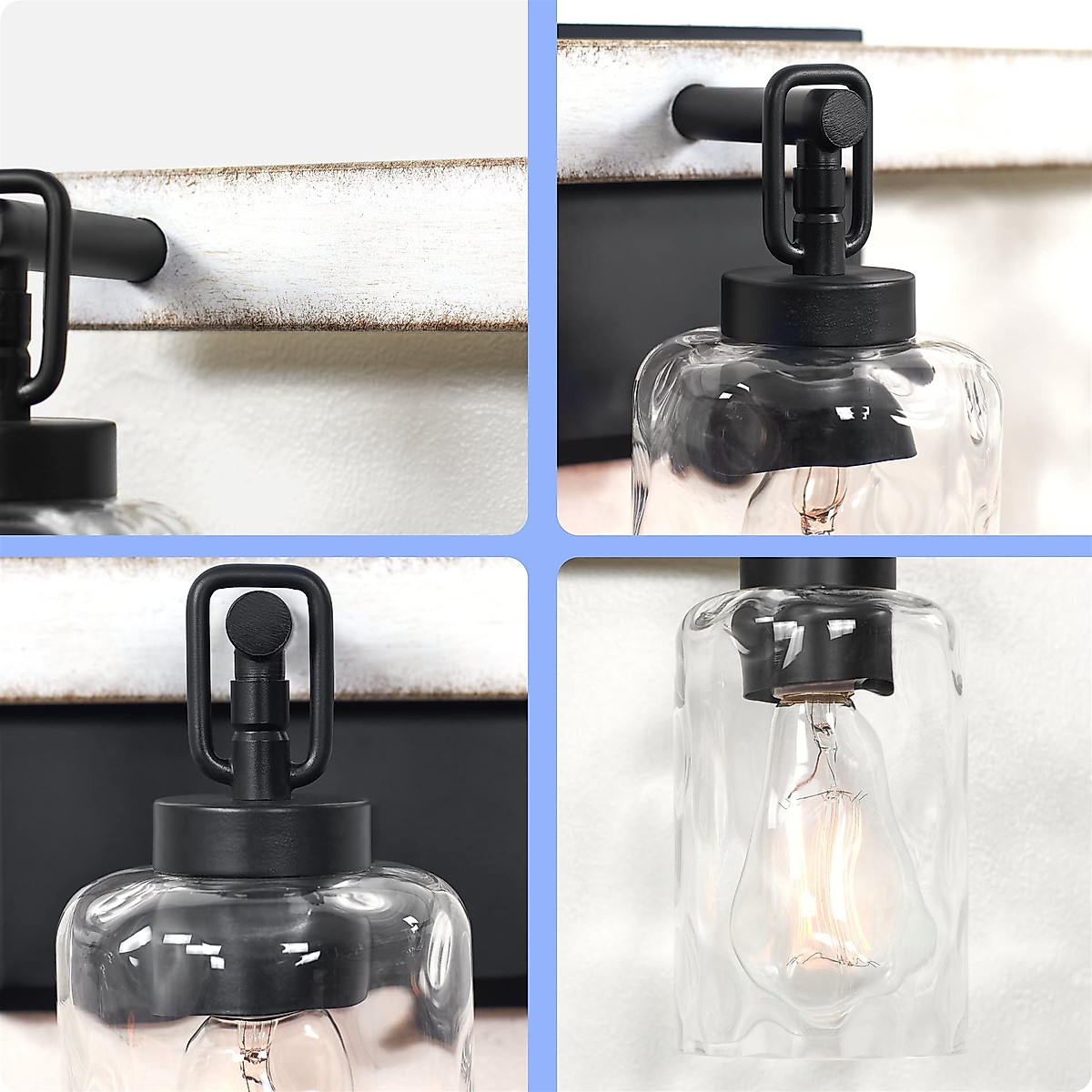 Kira Home Ashland 24" 3-Light Farmhouse Bathroom/Vanity Light + Hammered Glass Shades, White Ash Wood Style + Black Finish