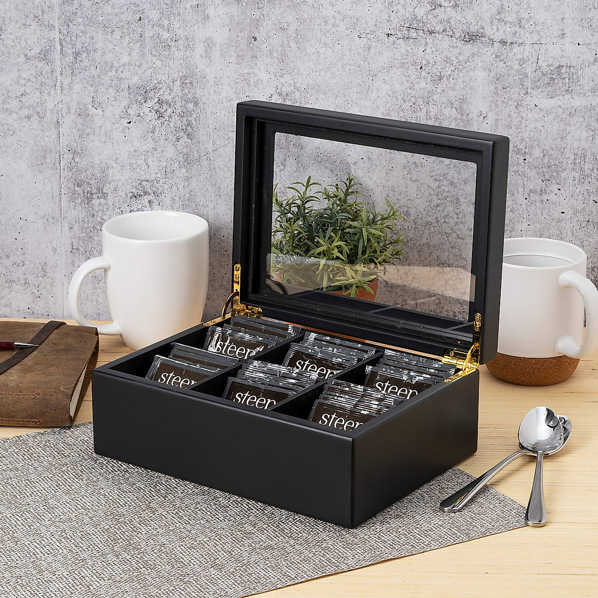 Break Tradition Wooden Tea Organizer For Tea Bags - Black Wooden Tea Chest With 6 Compartments - Clear Top Window - Lid Stays Open (Black)