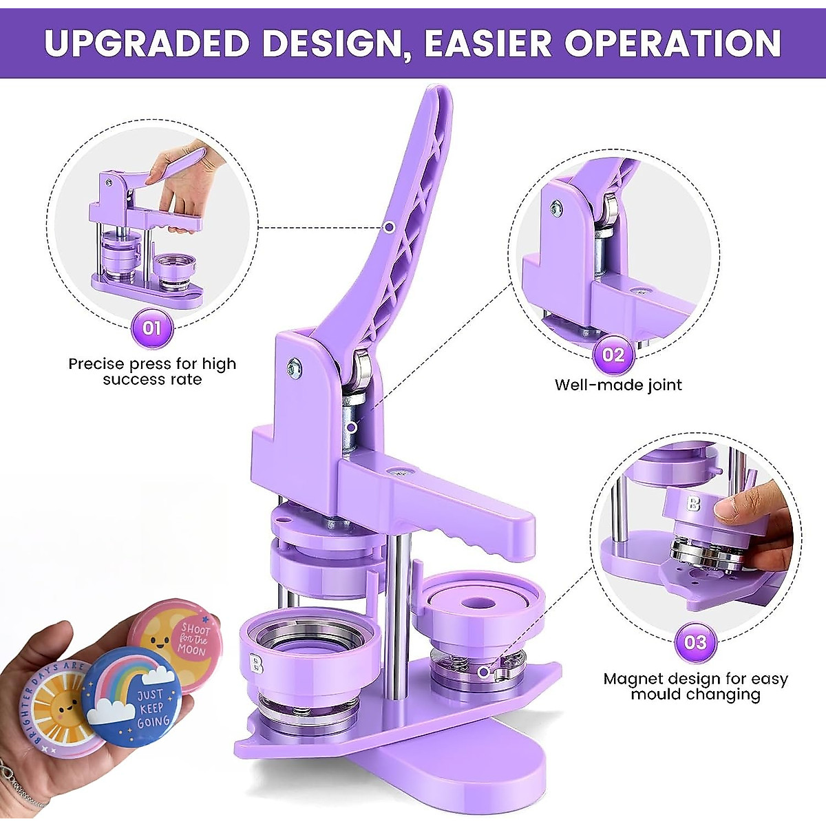 Mryitcal Button Maker Machine Multiple Sizes, 1''+1.25''+2.25'' Pin Maker Button Press Machine W/300 Sets Metal Pinback Button Parts, Badge Button Machine for DIY Photo badge, Team Badge, Party Favors