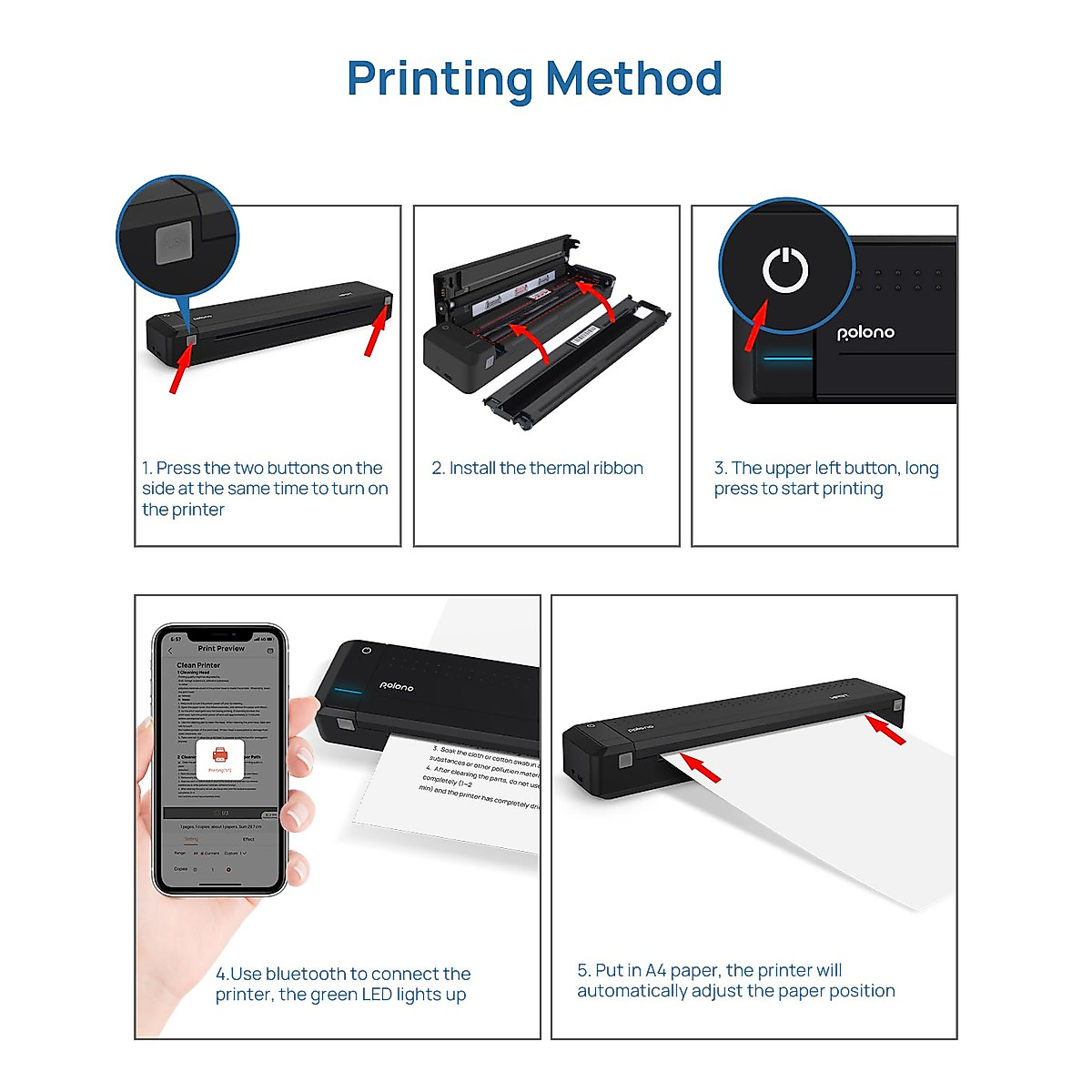 Portable Printer, POLONO MT800 2.0 Wireless Bluetooth Thermal Printer, Support 8.5" X 11" US Letter, Compatible with Android and iOS, Mobile Thermal Transfer Printer for Travel, Mobile Office and Home