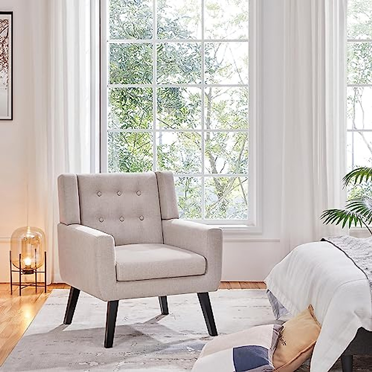 Yaheetech Accent Chair, Modern Button Tufted Armchair, Linen Fabric Sofa Chairs for Living Room Bedroom, Mid-Century Comfy Reading Chair, Beige