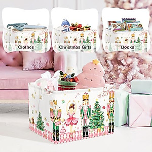 Clastyle Large Pink Nutcracker Decor Basket Diamond Plaid Christmas Tree Gift Basket Soldier Mouse Ballet Girl Clothes Storage Cube Collapsible Rectangle Toy Book Shelf Basket