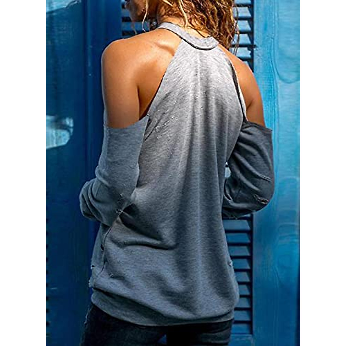 Dokotoo Fall Casual Cold Shoulder Tops for Women Hollowed Out Long Sleeve Sweatshirts T Shirt Women Open Shoulder Tops Sexy Halter Neck Top Pullover Tunic Blouses 2023 Fashion Gray XX-Large