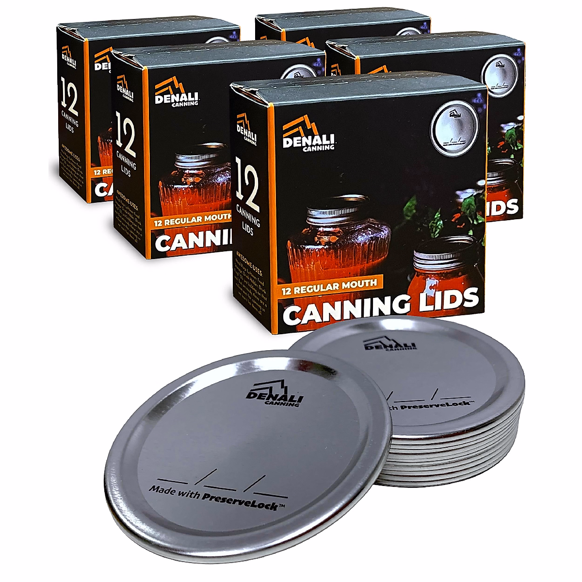 Denali Canning Lids | 24-Month Seals with PreserveLock | Fits standard Mason Jars | a USA Company (Regular Mouth, 5 Packs)