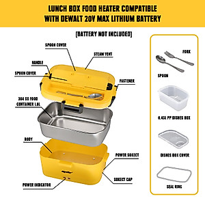 Mellif Electric Lunch Box Food Warmer Heater for Dewalt 20V Max Battery (Battery Not Included),12V 24V Heated Lunch Boxes for Adults for Car/Truck