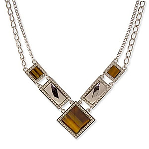 1928 Jewelry Gemstone Square Chain Pendant Necklace For Women 16" + 3" Extender (Brown)