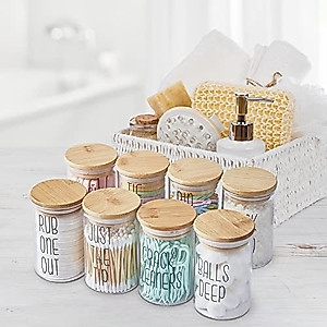 4 Pack Glass Apothecary Jars with Bamboo Lids, Qtip Holder Dispenser Bathroom Canisters Storage Organizer for Cotton Swabs, Pads, Balls and Dental Floss