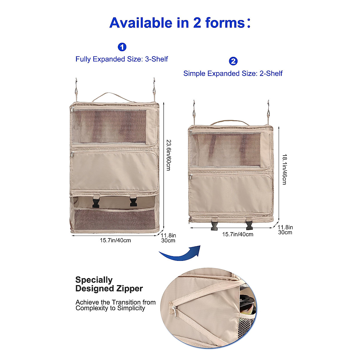 ELEZAY Hanging Packing Cubes Portable Closet 3-Shelf Travel Collapsible Compression Garment Organizer for Carry-on Luggage Suitcase Space Saver Bag XX-Large_No Side Pockets, Beige