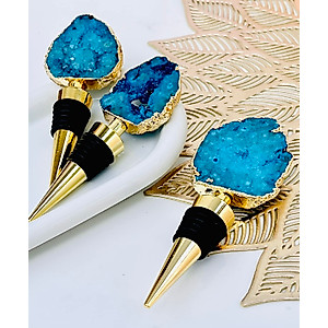 LUXE CRYSTAL CO. Handcrafted Teal Green Natural Crystal Geode Agate Druzy Gold Electroplated Crystal Wine Champagne Stopper Handmade Bottle Barware Housewarming Bridal Shower Gift