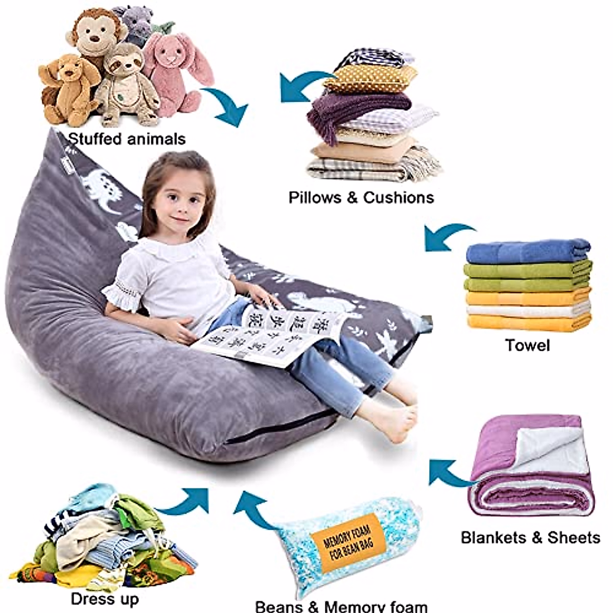 Stuffed Animal Storage Bean Bag Chair Stuffable Bean Bag Cover(No filler included) - Stuffed Animal Bean Bag Storage for Kids & Teans Super Soft and Comfortable Bean Bag Stuffed Animal Storage Extra Large -Dinosaur style