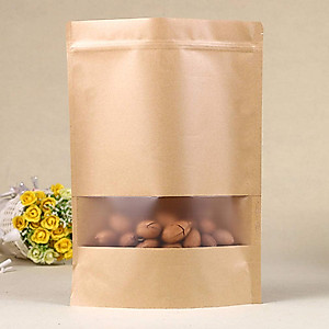 TYONMUJO 50pcs Kraft Paper Bags with Window Resealable Zip Lock Food Storage Bags Heat Sealable Stand Up Brown Paper Pouches for Cookies Coffee Tea 5.5×7.8in