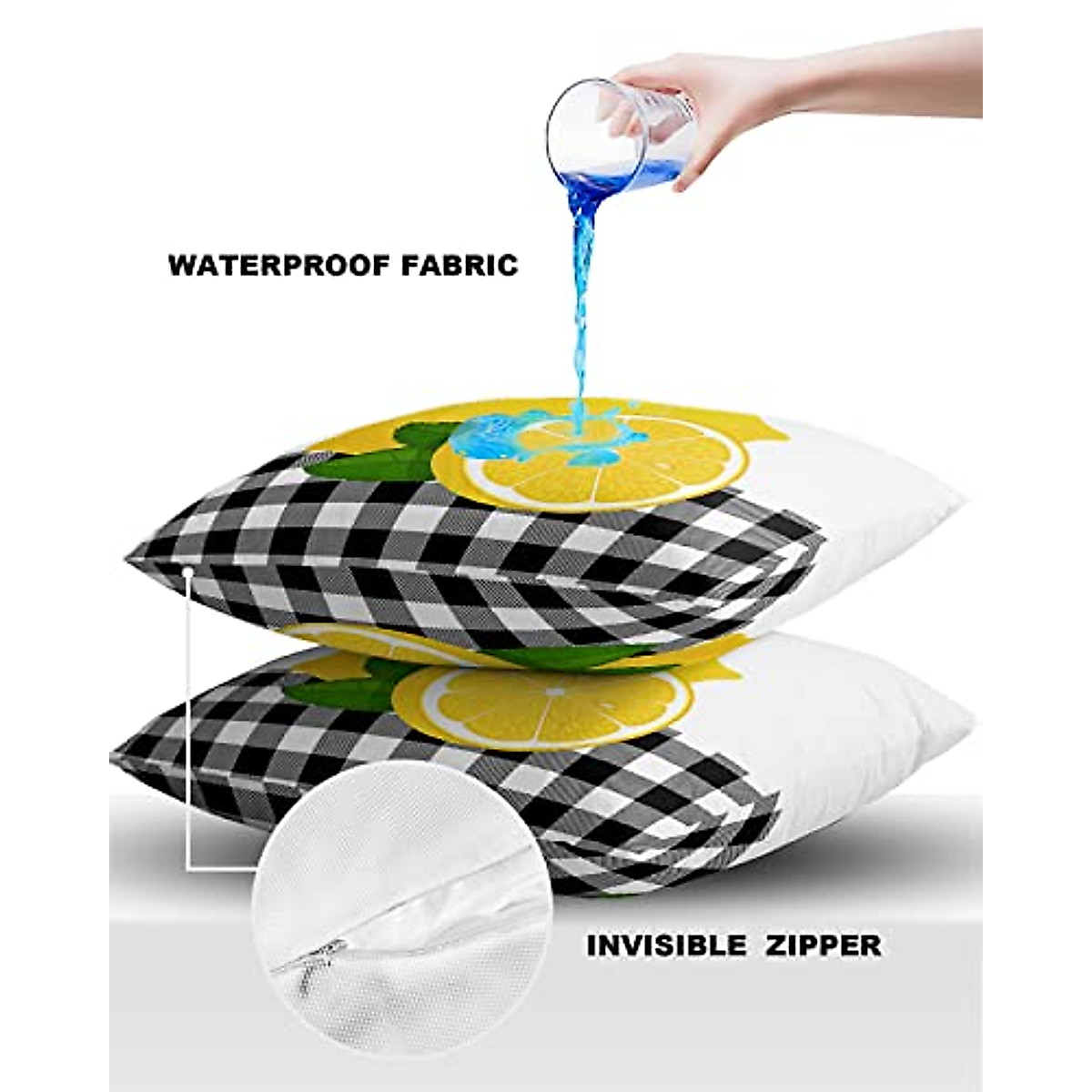Vandarllin Outdoor Throw Pillows Covers 18X18 Set of 2 Waterproof Lemon Summer Fruit Decorative Zippered Lumbar Cushion Covers for Patio Furniture, Black White Buffalo Check Plaid