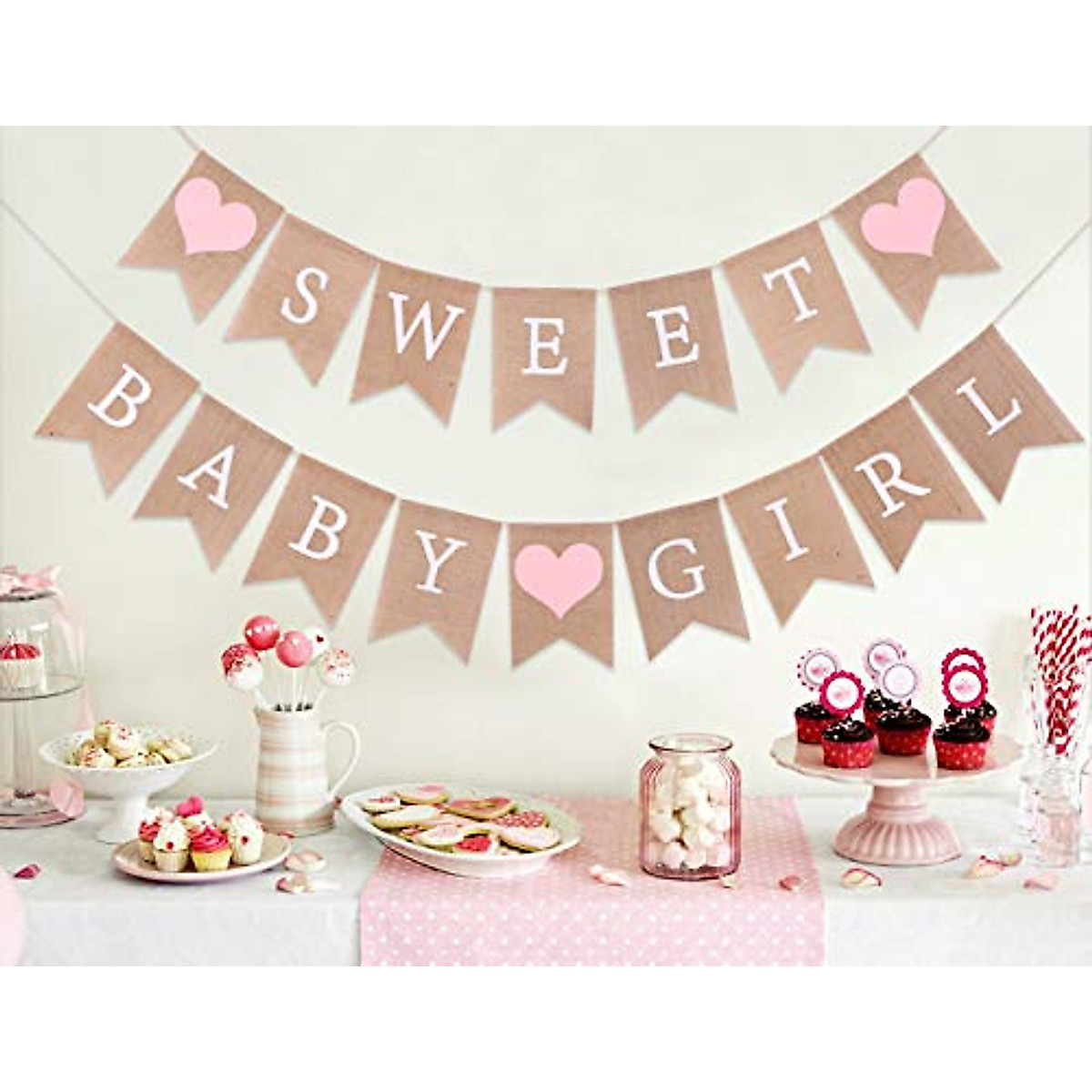 Sweet Baby Girl Burlap Banner - Sweet Baby Boy Shower Decorations, Rustic Baby Shower Decorations, Photo Decoration Props (Sweet Baby Girl Pink)