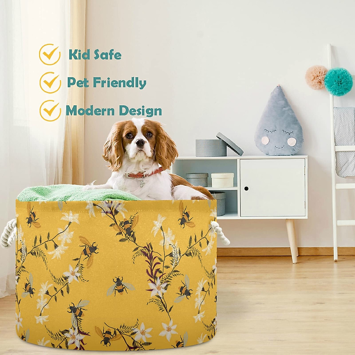 visesunny Stylish Embroidery Bee Butterfly Pattern Laundry Baskets Fabric Storage Bin Storage Box Collapsible Storage Basket Toy Clothes Shelves Basket for Bathroom,Bedroom,Nursery,Closet,Office