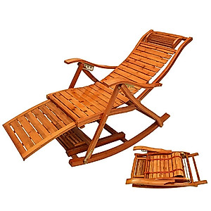 BROHN Lounge Chair, Lounge Chairs,Bamboo Rocking Chair Adjustable Folding Recliner Summer Outdoor Sun Loungers Armchair Balcony Old Man Siesta Chair with Headrest and Foot Massage