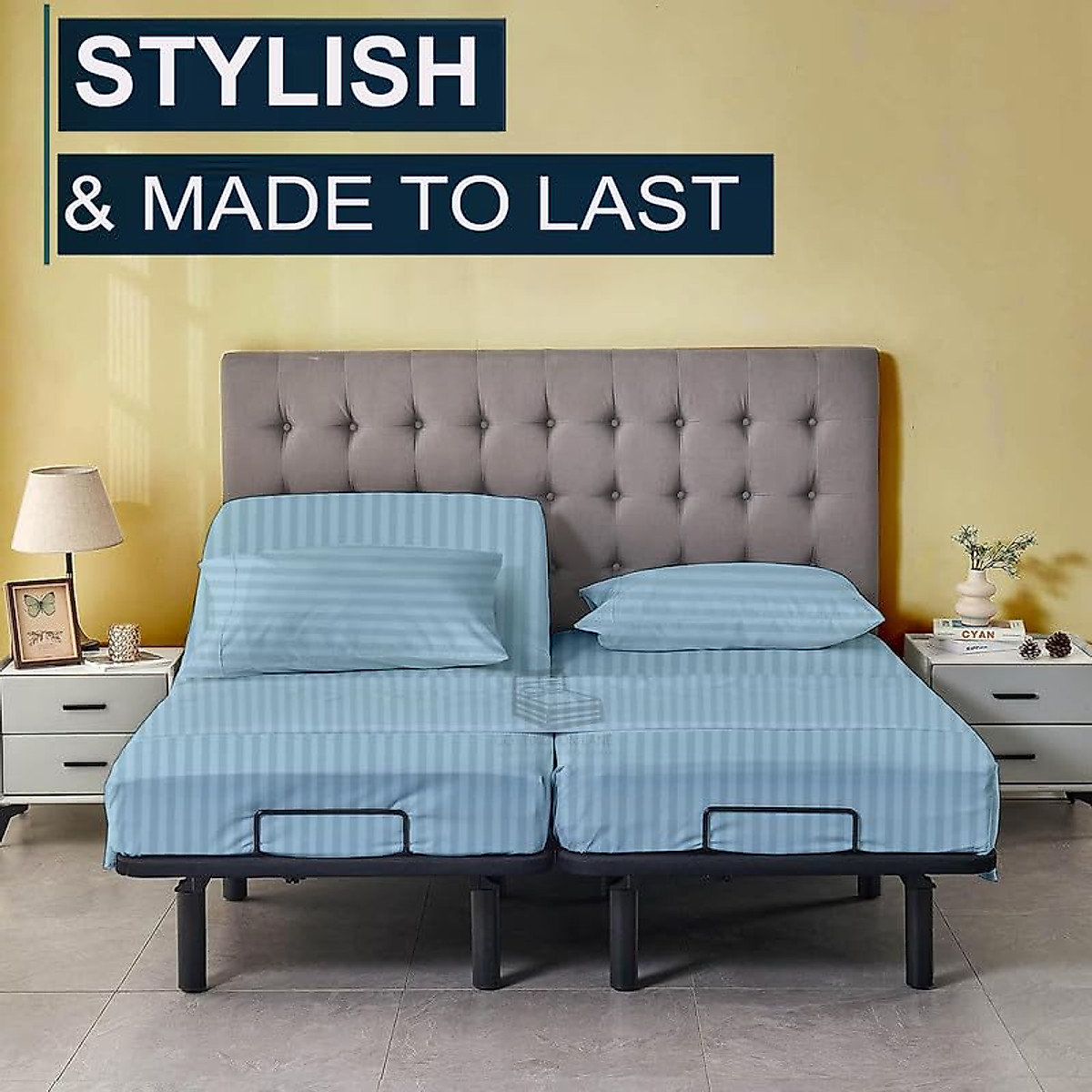 5 Piece Split California King Sheets Sets for Adjustable beds- 400 TC 100% Cotton(Light Blue Stripe)