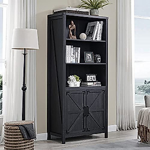 JXQTLINGMU Farmhouse Storage Cabinet, 5 Shelf Bookshelf, Bookcase, Pantry Cabinet, Versatile Storage Cabinet with Doors and Adjustable Shelves for Living Room, Bedroom, Kitchen (Black)
